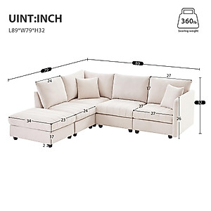 Acosure 89" Modern Sectional Sofa with Convertible Ottoman,L-Shape Couch W/ 2 Pillows,Vertical Stripes Design,Various Combinations, Indoor 5-Seat Furniture for Living Room,Apartment,Beige