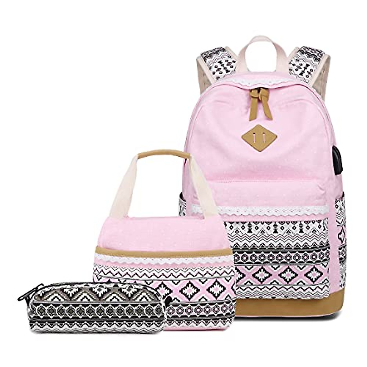 Leaper Geometric Laptop Backpack School Bag Lunch Bag Pencil Bag 3 in 1 Set Pink