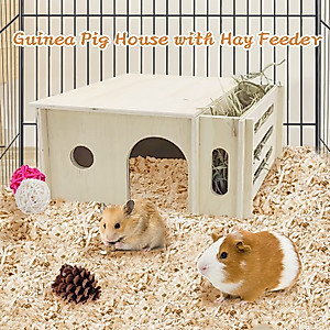 Acsist Guinea Pig Wooden Hideout with Hay Feeder Hamster Wood House Detachable Small Animal Hideouts for Chinchilla Dwarf Rabbit Hamster Hut Hedgehog