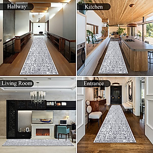 Vaukki Hallway Runner Rug, Vintage Shaggy Soft Laundry Rug Runner, Non Slip Entryway Runner Mat, Washable Farmhouse Kitchen Area Carpet for Bathroom, Entryway and Bedroom (2'6'' X 10', Grey)