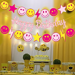 Preppy Birthday Party Banners 3Pcs Preppy Smile Face Birthday Party Decorations Pink Smile Face Lightning Star Themed Party Banners for Preppy Theme Bachelorette Birthday Party Supplies