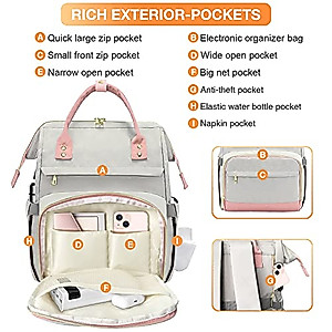 Waterproof Anti-theft Travel Laptop Backpack, Nurse Bags Teacher Purse with USB Charging Port, Fit 15.6 Inch Laptop Backpack for Women, Grey Pink