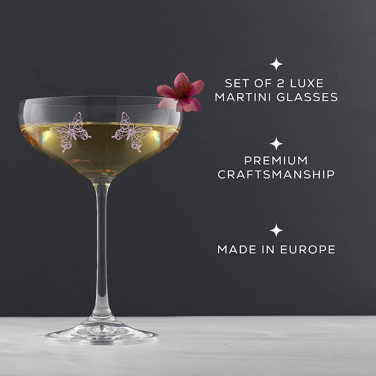 JoyJolt Meadow Butterfly Martini Glasses – 14oz Premium Crystal Martini Glasses Set of 2 – Exquisite Pink Butterfly Printing – Tall Manhattan Glasses for Cocktails, Martini, Drinks – Made in Europe