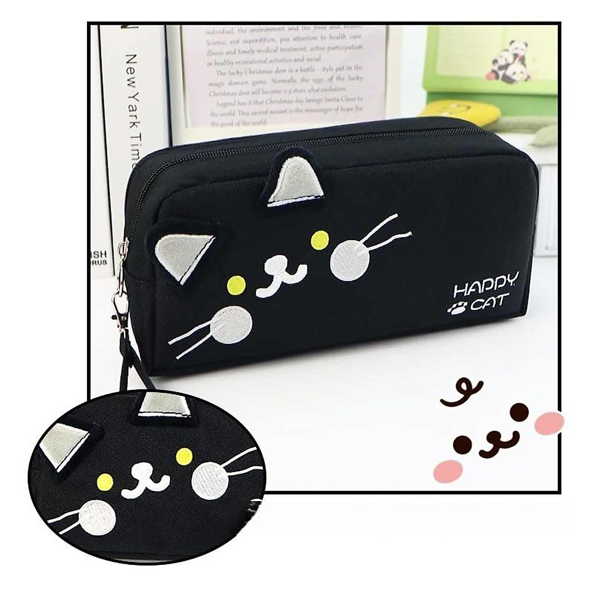 KGJGFX Doubel Layer Large Capacity Pencil Case with Embroidered Cats Grid Compartment of Pen Slots in Black & White Pen Holders Pen Pouch (Beige Cat with 3 Layers)