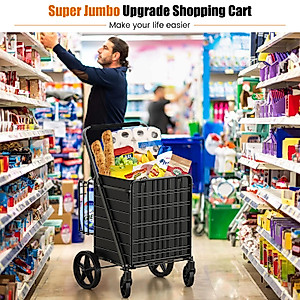 Extra Large Shopping Cart for Groceries, 450lbs Heavy Duty Grocery Cart on Wheels, Folding Dual Basket Utility Carts with Waterproof Liner, Shopping Carts for Transport, Laundry, Gift, Luggage, Black