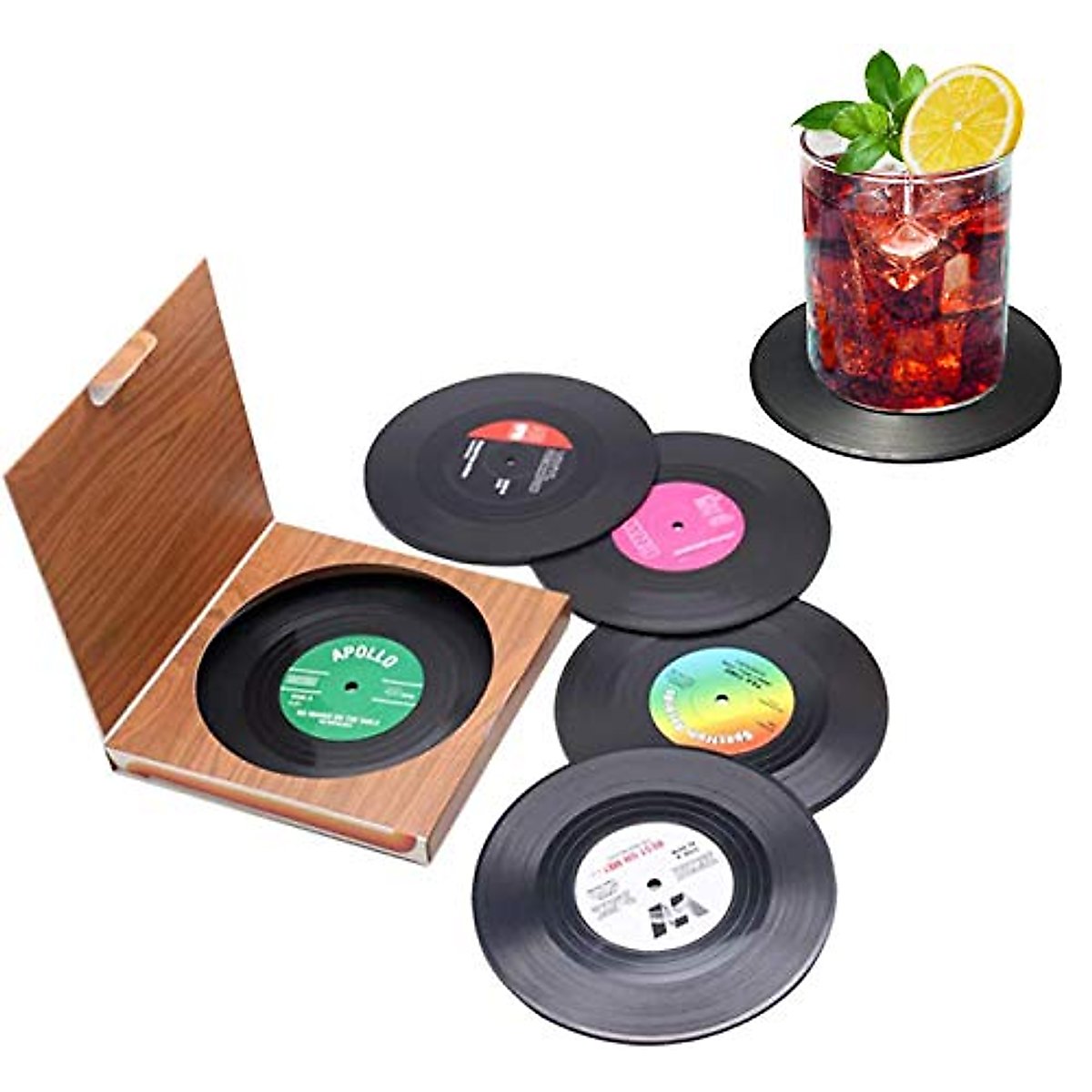 Set of 6 Cute Retro Vinyl Coasters - Funny Record Decoration Disk Furniture - Creative Drinks Equipment Music Ideas for Bar, Home, Restaurant, Apartment, Room - Mini Decor Drink Cup Stuff Holder Tool