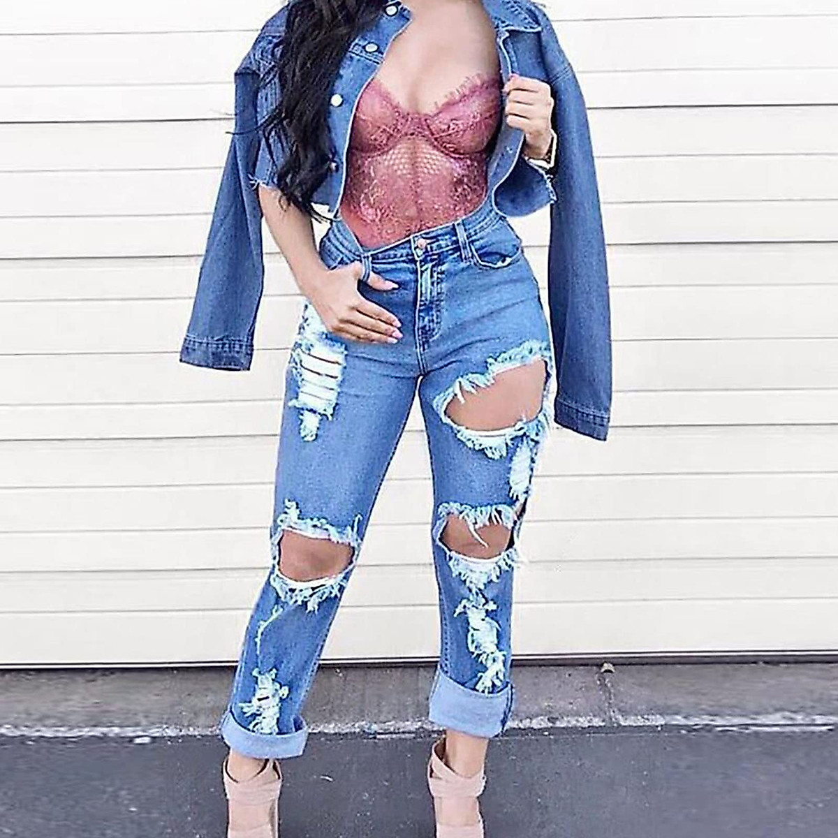 Maiyifu-GJ Women's High Waisted Ripped Boyfriend Jeans Loose Fit Distressed Destroyed Denim Pants Casual Comfy Stretch Jeans (Blue,Large)