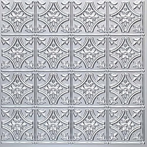 From Plain To Beautiful In Hours 150 Gothic Reims PVC 2' x 2' Glue-up Ceiling Tile (Covers / 40 sq.ft), Silver, 10 Piece