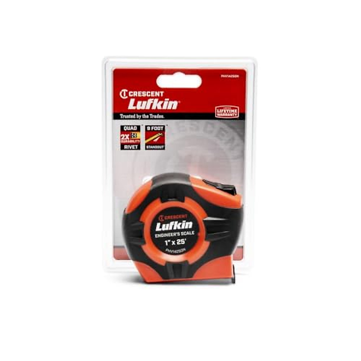 Crescent Lufkin 1" x 25' P1000 Series Hi-Viz® Orange Engineer's Yellow Clad A4 Blade Power Return Tape Measure - PHV1425DN