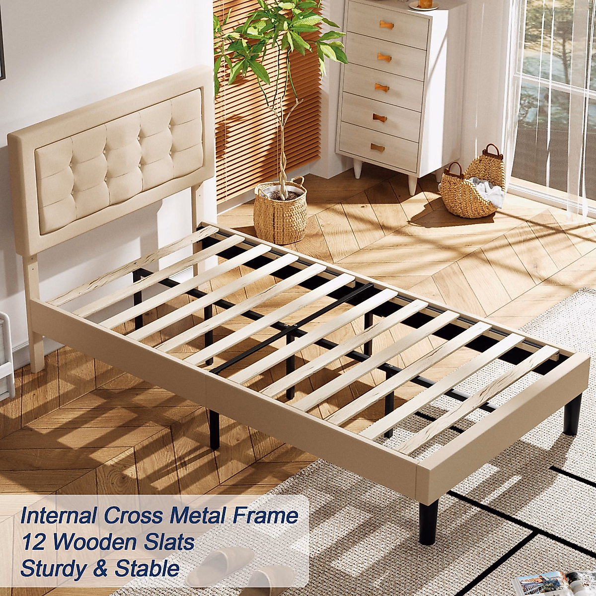 VECELO Twin Size Upholstered Bed Frame with Height Adjustable Fabric Headboard, Heavy-Duty Platform Bedframe/Mattress Foundation/Strong Wood Slat Support/No Box Spring Needed, BGE