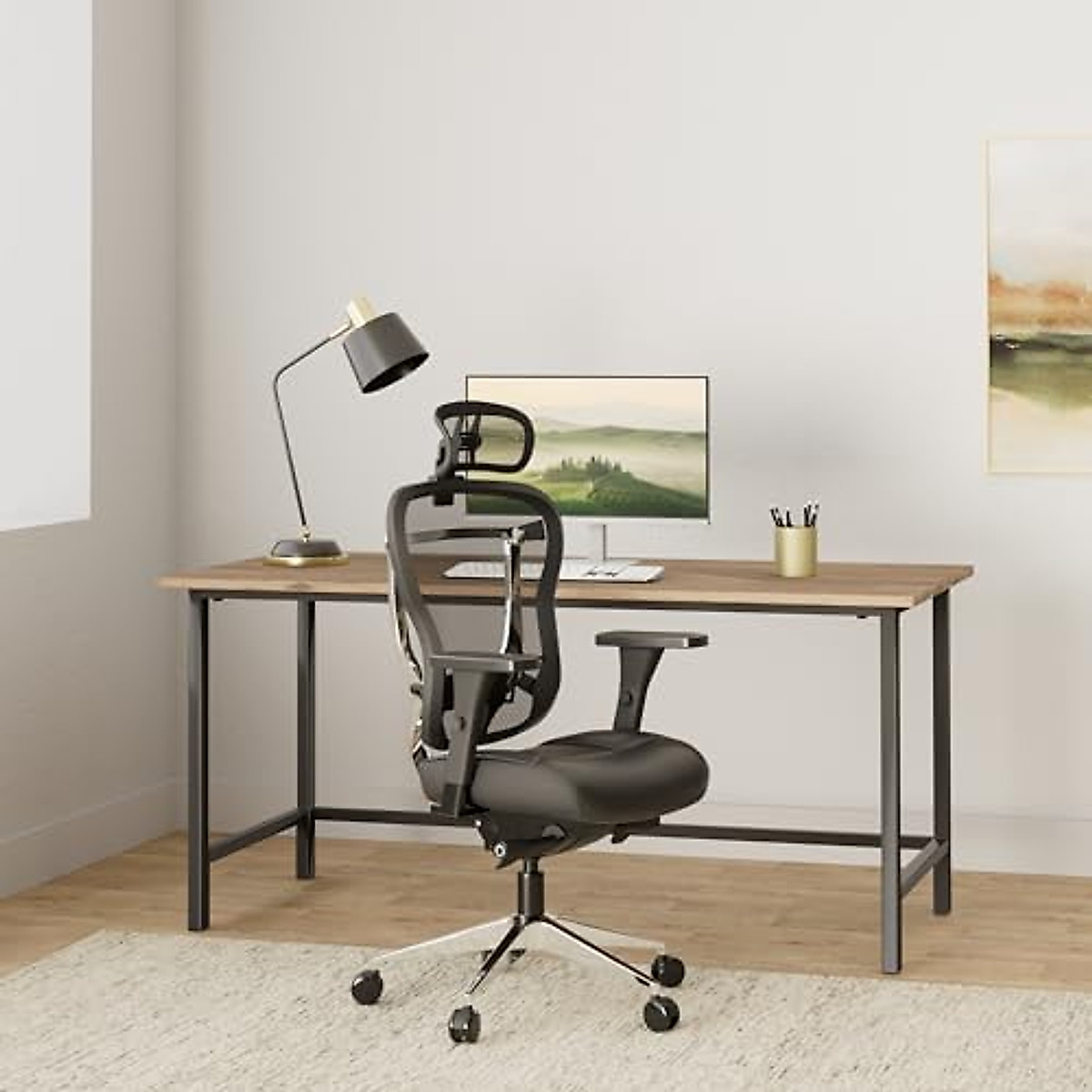 Oak Hollow Furniture Aloria Series Office Chair Ergonomic Executive Computer Chair Genuine Leather Seat Cushion, Mesh Back Adjustable Lumbar Support Swivel Tilt High-Back (Black, Tall, Headrest)