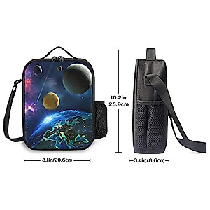 Kids Lunch Box, Insulated Lunch Bag for Girls & Boys, Space Galaxy Planet Lunch Bag with Shoulder Strap, School Bento Lunchbox for Kids Toddlers Teens, Black Reusable Cooler Thermal Meal Tote Kit