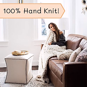 Adyrescia Chunky Knit Blanket Throw | 100% Hand Knit with Jumbo Chenille Yarn (50"x60", Cream White)