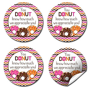 “Donut Know” Teacher, Staff, or Employee Appreciation Thank You Sticker Labels, 40 2" Party Circle Stickers by AmandaCreation, Great for Envelope Seals & Gift Bags