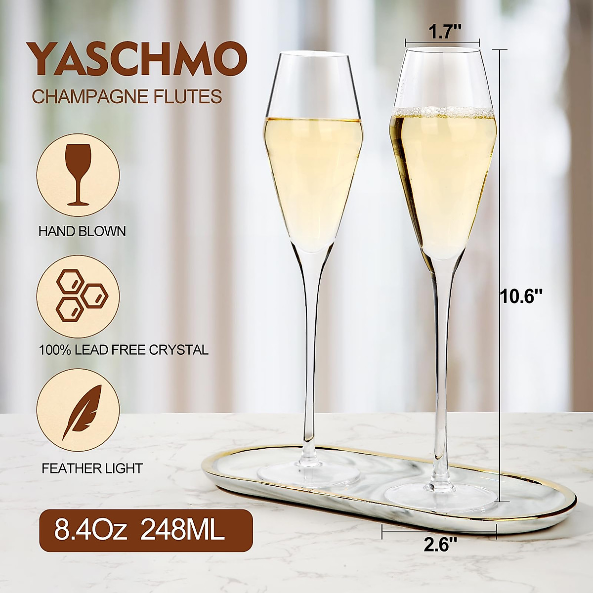 Yaschmo Champagne Flutes Glasses Set of 4, 8.4 oz Hand Blown Crystal Wedding Flutes Glasses, Elegant Tulip Glasses - Ideal Gift for Wedding, Anniversary,Christmas Day (4 Count (Pack of 1))