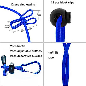 Travel Clothesline,4m/13ft Portable Retractable Adjustable Clothes Line Rope with 1 Waterproof Bag, 12 Clothespins, 13 Anti-Skid Clips for Outdoor and Indoor(Blue)