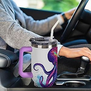 LLUTSNTH 40 Oz Vacuum Tumbler with Violet Handle Leakproof Insulated Tumbler Colorful Octopus Stainless Steel Travel Mug with Lid And Straw Coffee Cup Cute Water Bottles Cup Holder Friendly