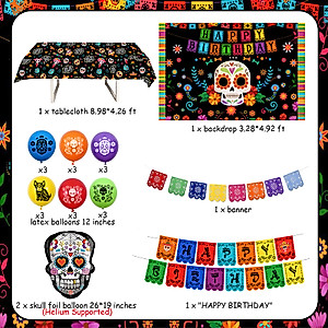 Fangleland Day of The Dead Theme Birthday Party Decorations for Boy Girl - Dia De Los Muertos Bday Celebration Party Supplies Balloons Banner Tablecloth Sugar Skull Mexican Backdrop
