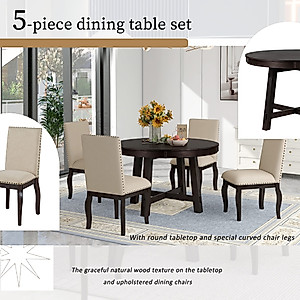 GLORHOME 5 Piece Farmhouse Extendable Set for 4 to 6 Wood Round Table and 4 Upholstered Dining Chairs, Espresso