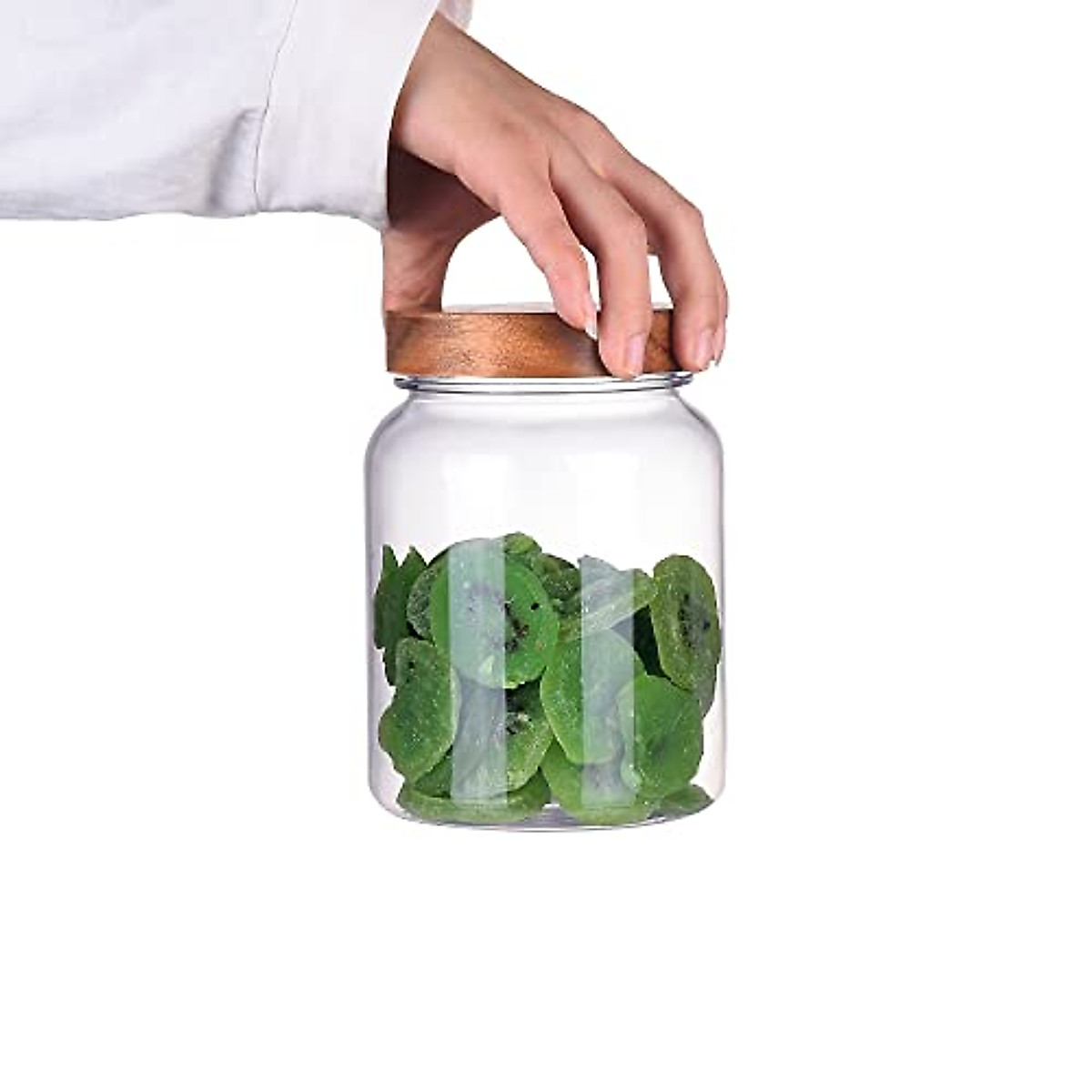 YUEJUM 42oz Unbreakable & Dishwasher Safe Plastic Apothecary Jar with Wooden Airtight Screw Top Lid, Food Storage Canister for Sugar, Tea, Spices, Coffee, Cookie, Candy Containers