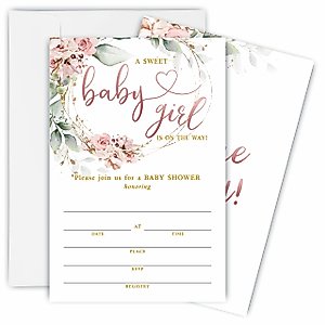 Watercolor Floral Baby Shower Invitations, Sweet Girl is On The Way Baby Shower Fill-In Invitation Cards With Envelopes - Gender Reveal Party Decorations & Supplies-B03