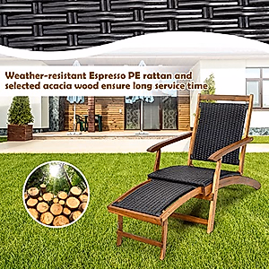 Tangkula Set of 2 Acacia Wood Folding Chaise Lounge Chair, Patiojoy Outdoor Foldable Deck Chair, Portable Wicker Lounger with Retractable Footrest, Ideal for Garden, Poolside, Courtyard