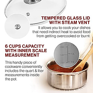 6 Cup Double Boiler Pot Set – 1.5 Quart Stainless-Steel Saucepan 2-in-1 with Vented Glass Lid – Kitchen Cookware with Measurements by Classic Cuisine