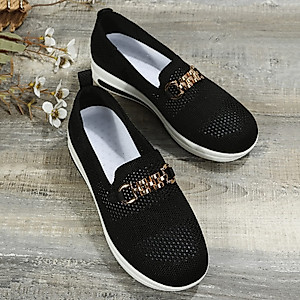 JWSVBF Summer Shoes Women's Athletic Braided Shallow Mouth Chains Deco Platform Sandals, Breathable Lightweight Running Fashion Sneakers, Slip On Comfy Non-Slip Travel Unisex Loafers Black