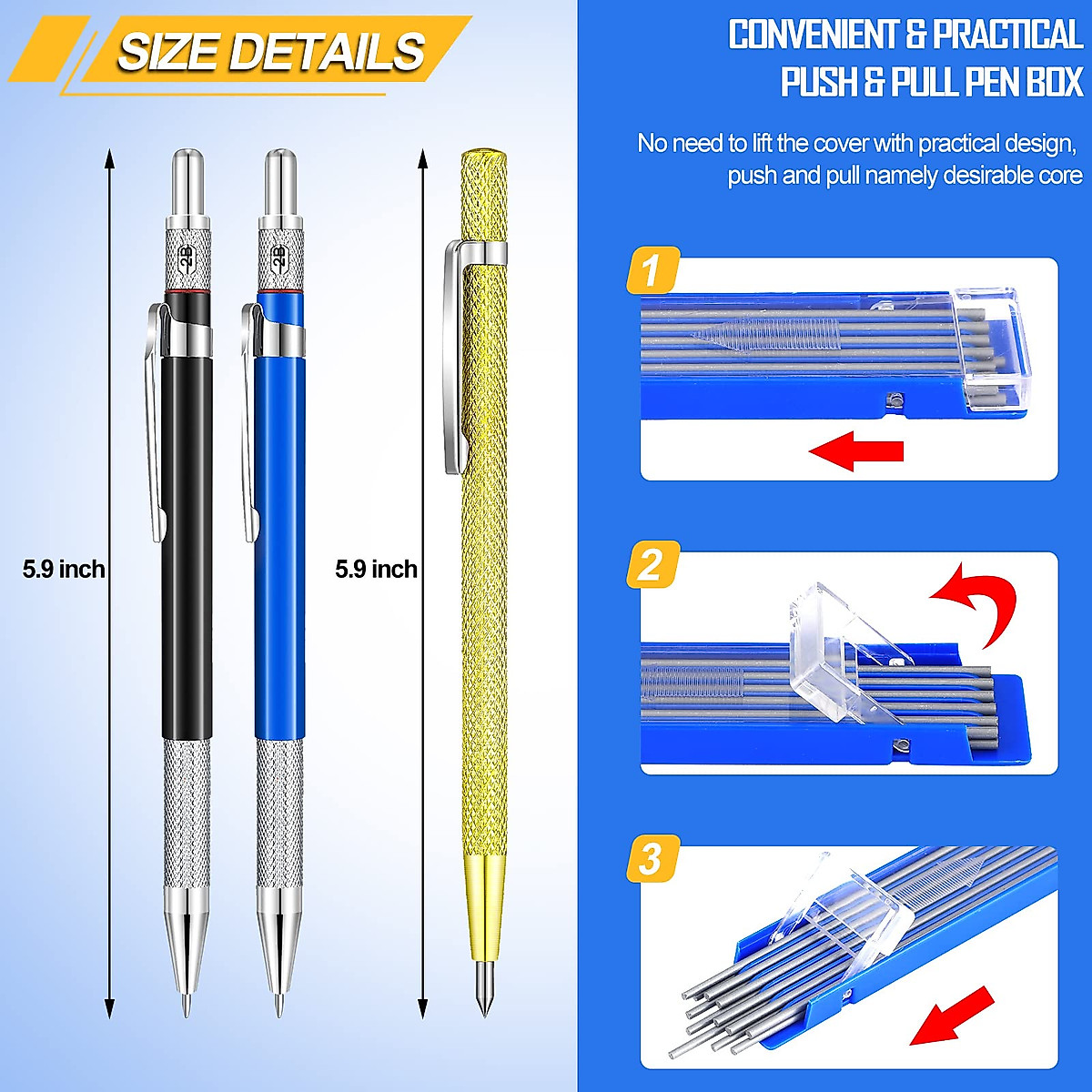 6 Pieces Welders Pencil Carbide Scriber Tool with 48 Pcs Round Refills Silver Metal Welding Marker for Fitter Welder Steel Construction Fabrication Woodworking Glass Hardened Steel