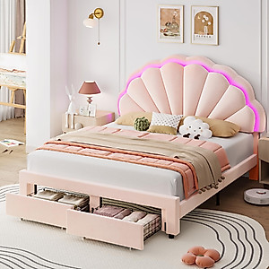 HIFIT Full Size Upholstered Smart LED Bed Frame with 2 Storage Drawers and Adjustable Chic Double Petal Headboard, Princess Platform Bed for Girls, Solid Wood Slats Support/No Box Spring Needed, Pink