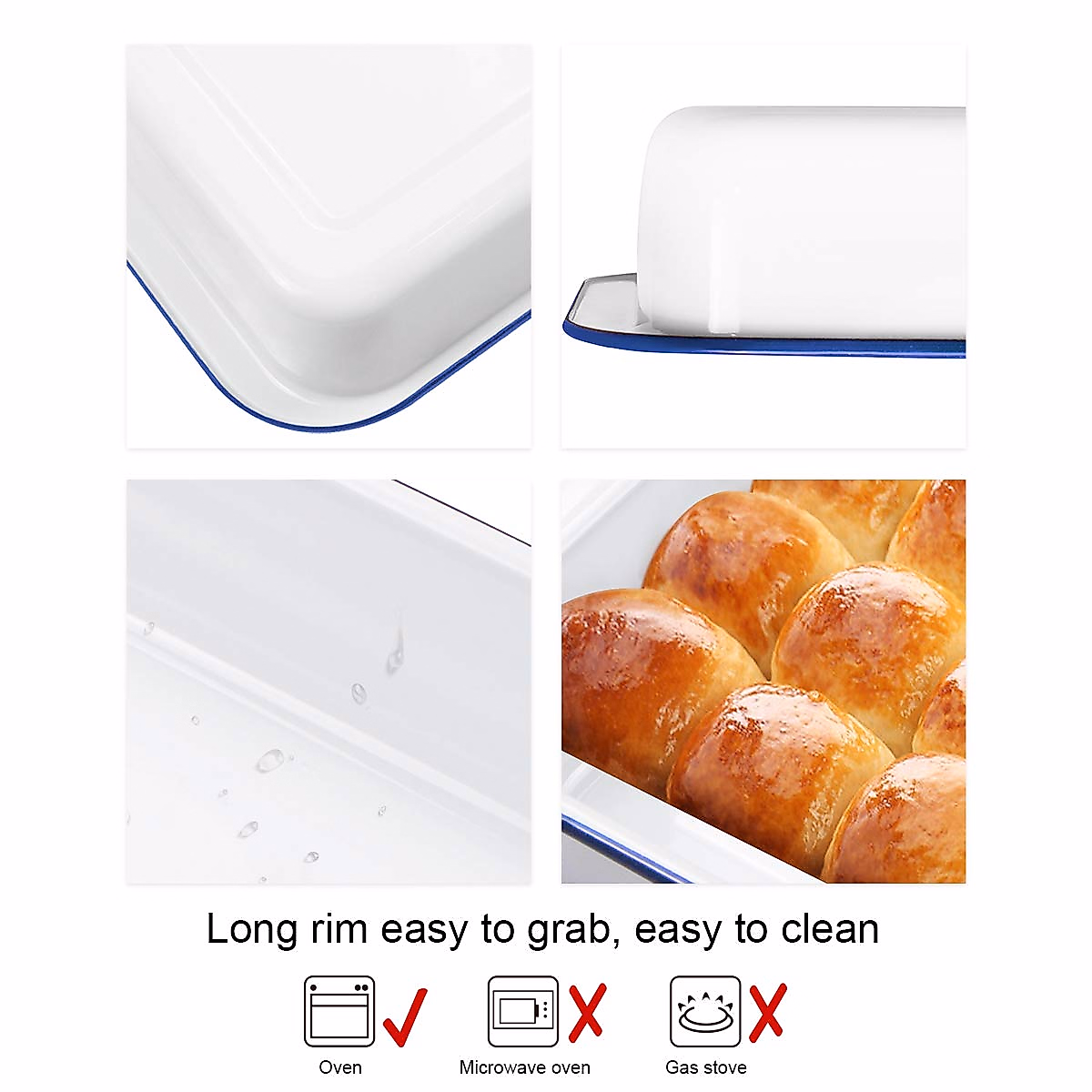 Webake Enamelware 9x13 Baking Pan Oblong Cake Pan Enameled Steel Roasting Pan Baking Dish Lasagna Pan Food Containers, Solid White with Blue Rim