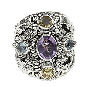 NOVICA Artisan Handmade Amethyst Blue Topaz Cocktail Ring Balinese Silver Sterling Citrine Multigem Multicolor Purple Yellow Stone Indonesia Animal Themed Birthstone Traditional Butterfly [band Width]