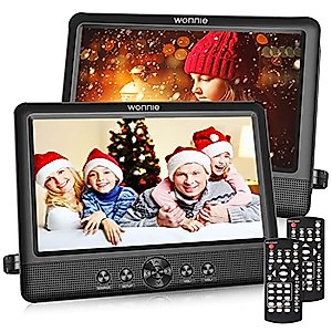 WONNIE 10.5" Two DVD Players Dual Screen for Car Portable CD Player Play a Same or Two Different Movies with Two Mounting Brackets, 5-Hour Rechargeable Battery, Support USB/SD Card Reader