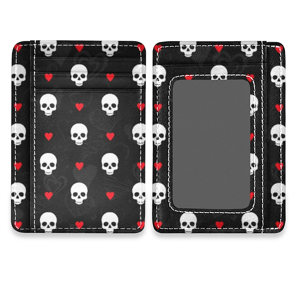 Linomo Thin leather Card Holder and Money Clip Sugar Skull Love Heart Pattern Wallet RFID Blocking for Men & Women