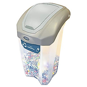 Glasdon Nexus 8G C-Thru Battery Recycling Bin (Transparent, Blue Sticker) – 8-Gallon Battery Disposal Container with Clear Polycarbonate Exterior – Small Battery Recycling Container with Grey Flip Lid