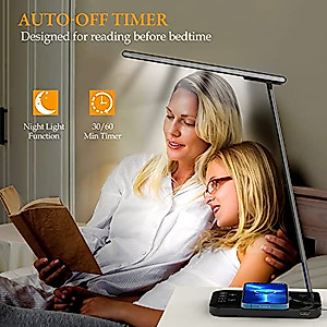 Becament LED Desk Lamp with Wireless Charger, USB Charging Port, 5 Color Modes with 5 Brightness Levels, Dimmable Home Office Lamp, Touch Control, 30/60 Min Timer, Eye-Caring Reading Table Lamp, Black