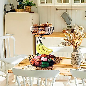 Sishynio 2-Tier Fruit Basket Bowl with 2 Banana Hangers for Kitchen Counter, Metal Wire Basket Vegetable Storage Countertop Fruits Stand Organizer, Detachable Fruit Holder for Bread, Snack, Veggies