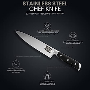 Utopia Kitchen 8 inch Chef Knife Cooking Knife Carbon Stainless Steel Kitchen Knife with Sheath and Ergonomic Handle - Chopping Knife for Professional Use (Black)