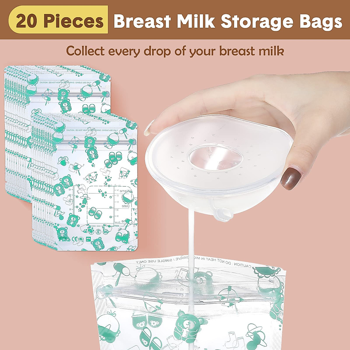 Lictin Breast Shell Breastmilk Collector for Breastfeeding 2 Pcs Silicone Breast Pad Nursing Cup Milk Saver for Nursing Moms Protect Sore Nipples Soft and Reusable with 20 Breast Milk Storage Bags