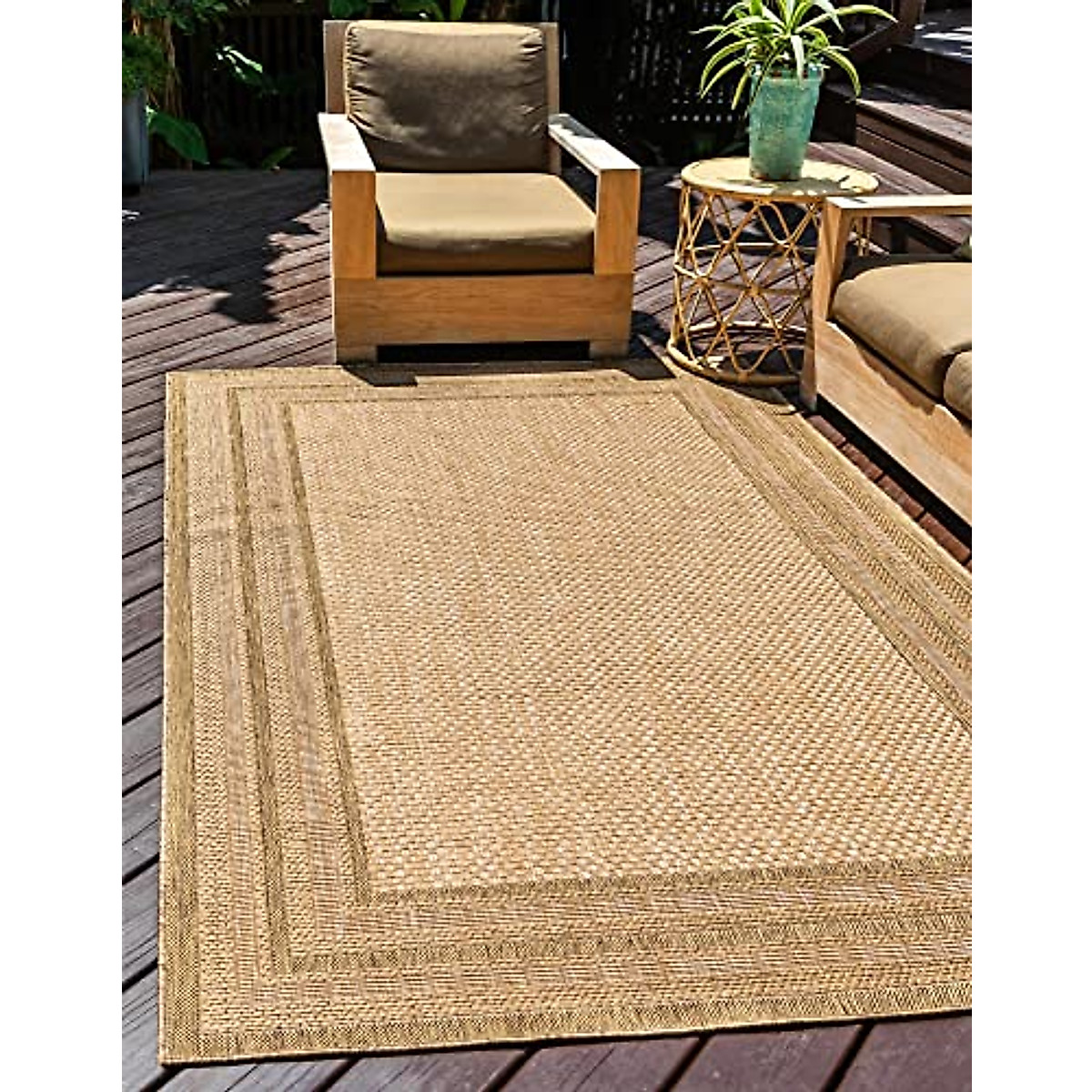 Unique Loom Outdoor Border Collection Area Rug - Multi Border (7' 1" x 10' Rectangle, Tan/ Light Brown)