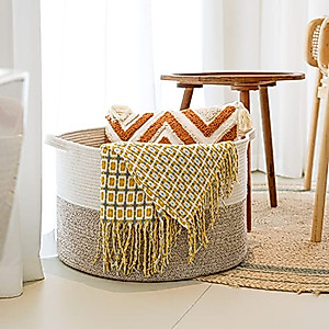 Santasup Large Cotton Rope Basket, Woven Laundry Blanket Basket with Handle, Decorative Storage Collapsible Laundry Hamper for Nursery Baby Toy Clothes Basket 21.7 Inch Brown White