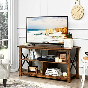 Tangkula Wood TV Stand with Open Shelves and X-Shaped Frame, 3 Tier Entertainment Center for 55-Inch TV, Farmhouse TV Console Table, Open TV Stands for Living Room Bedroom (Brown)