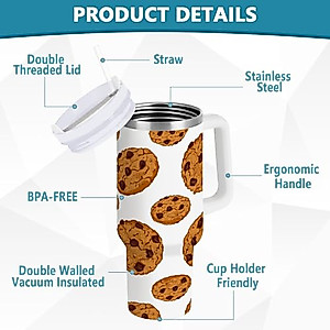 ARGTILDN 40 oz Tumbler Chocolate Chip Cookies Insulated Travel Mug with Handle and Straw Lid Stainless Steel Vacuum Coffee Cup Tea Beverage Container Water Bottles for Car Sports office