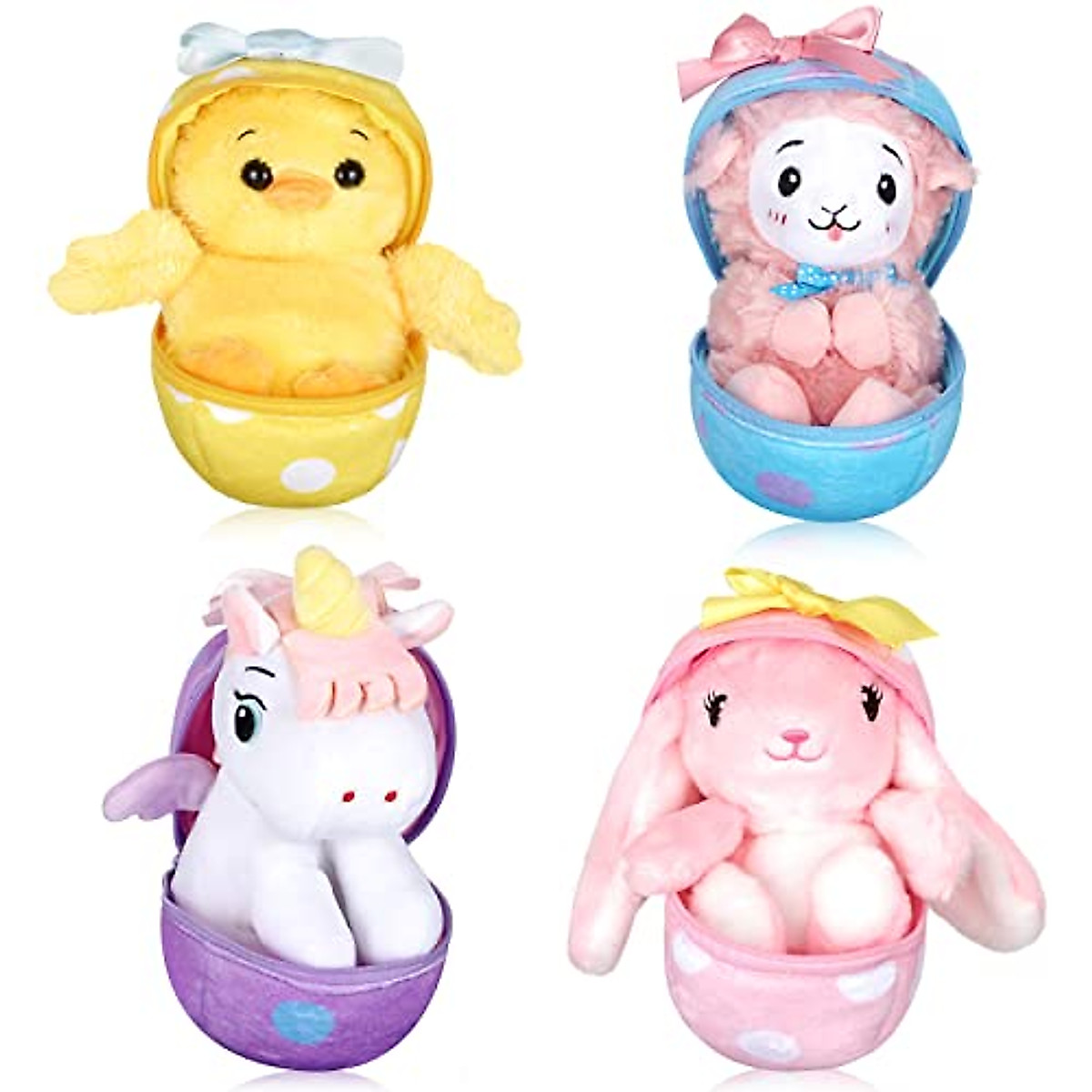 Skylety 4 Packs Easter Egg Stuffed Animals 6 Inch Easter Eggs Filled with Llama Unicorn Chick Rabbit Plush Inside for Easter Basket Stuffers Presents Exchange Party Favors Gifts