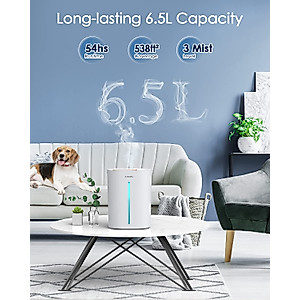 6.5L Humidifiers for Large Room Bedroom, Top Fill Humidifier, Quiet Cool Mist Humidifiers for Home, Baby, Pets, Plants, 54 Hours Run Time, Easy to Clean