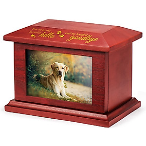 TJ. MOREE Pet Urns for Dog Ashes, Memorial Gifts for Loss of Cat, Personalized Wooden Cremation Urn with Photo Frame, Keepsake Memory Box with Black Flannel Bag for Pet up to 100 Pounds