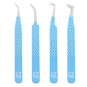 M LASH Tweezers for Eyelash Extensions (Set of 4) - Professional Lash Extension Tweezers - Fiber Tip, Japanese Steel, Diamond Grip Eyelash Extension Tweezer (Teal)