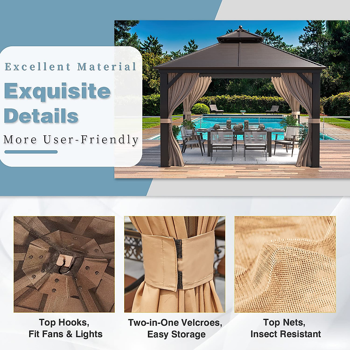 MELLCOM 12' x 12' Hardtop Gazebo, Galvanized Steel Double Roof Outdoor Gazebo, Aluminum Frame Metal Gazebo with Netting and Curtains for Patios, Gardens, Lawns Brown