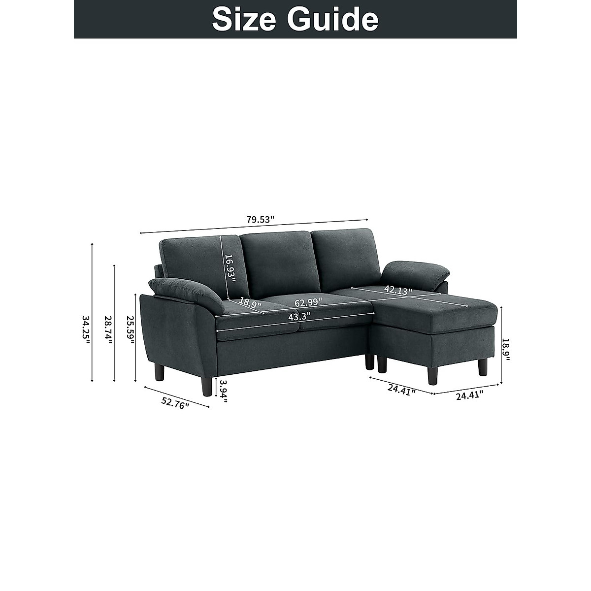 Jarenie 79.53" W Convertible Sectional Sofa, Modern L Shaped Upholstered 3 Seat Sofa Couches with Reversible Chaise for Living Room, Apartment, Dark Grey