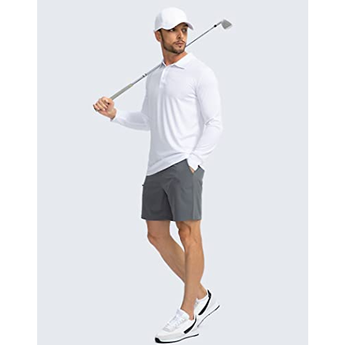 Men's Polo Shirt Long Sleeve Golf Shirts Lightweight UPF 50+ Sun Protection Cool Shirts for Men Work Fishing Outdoor(White, L)